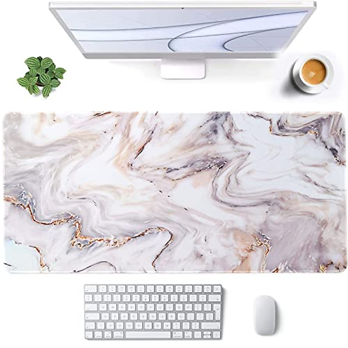 Anyshock Desk Mat, Gaming Mouse Pad Large (35.4" x 15.7" inch), XXL Keyboard Pad with Stitched Edges, Non Slip Rubber Base, Waterproof Computer Desk Pad for Office, Home, Men(Platinum Marble)