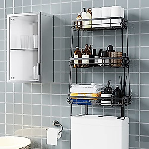 NiHome 3-Tier Metal Over-The-Toilet Bathroom Organizer with Hooks, Wall-Mounted Space-Saving Design, No-Drill Installation, Easy Assembly - Black