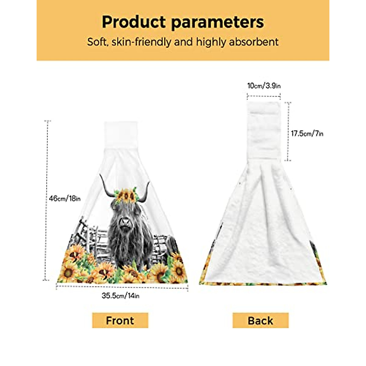 2PCS Hand Tie Towels for Bathroom Kitchen-Farm Highland Cow Sunflowers Decor Hanging Towel Tea Bar Dish Cloth Soft Coral Fleece Absorbent Washcloth,Black White Animals
