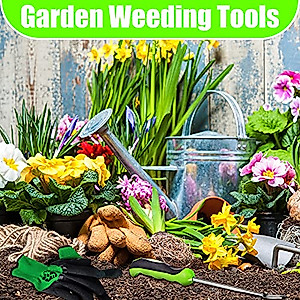 Weed Puller Tool Garden Hand Weeder Tool Hand Weeder Dandelion Weeder Tool with Ergonomic Handle Stainless Steel Weed Puller with Gloves for Garden Weed Removel, Manual Weed Puller Bend