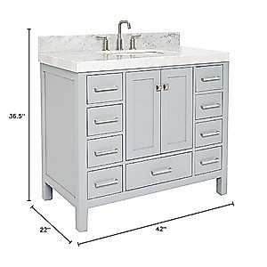ARIEL Cambridge 42 Inch Bathroom Vanity with Sink, Grey Bathroom Vanity, Solid Wood Vanity Cabinet, Carrara Marble Top, 2-Inch Edge, Rectangular Undermount Sink, 2 Soft Closing Doors, 9 Drawers
