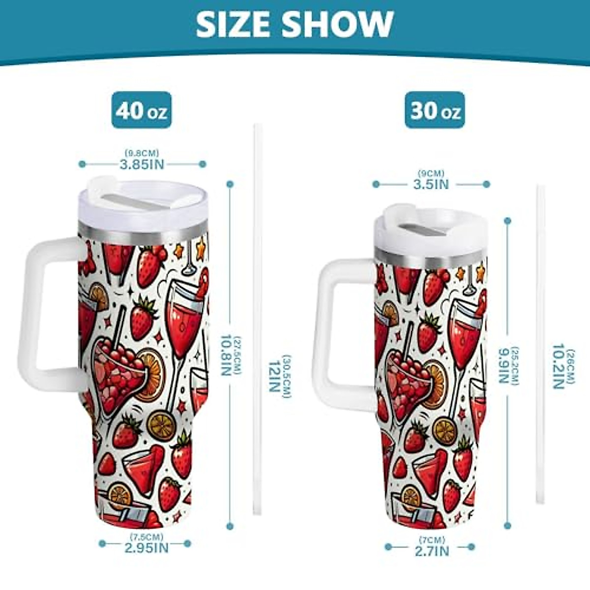 Jihqo Stropical Strawberry Cocktails 40 oz Stainless Steel Vacuum Insulated Tumbler with Handle and Straw Lid, Leakproof Water Bottle Double Wall Travel Mug Coffee Cup, Cupholder Friendly