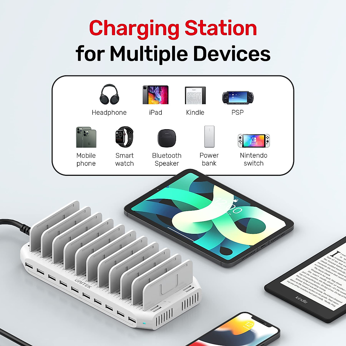 Unitek Phone Organizer and Charging Station for Multiple Devices, 10 Port USB Charging Station Dock with Adjustable Dividers and Smart IC