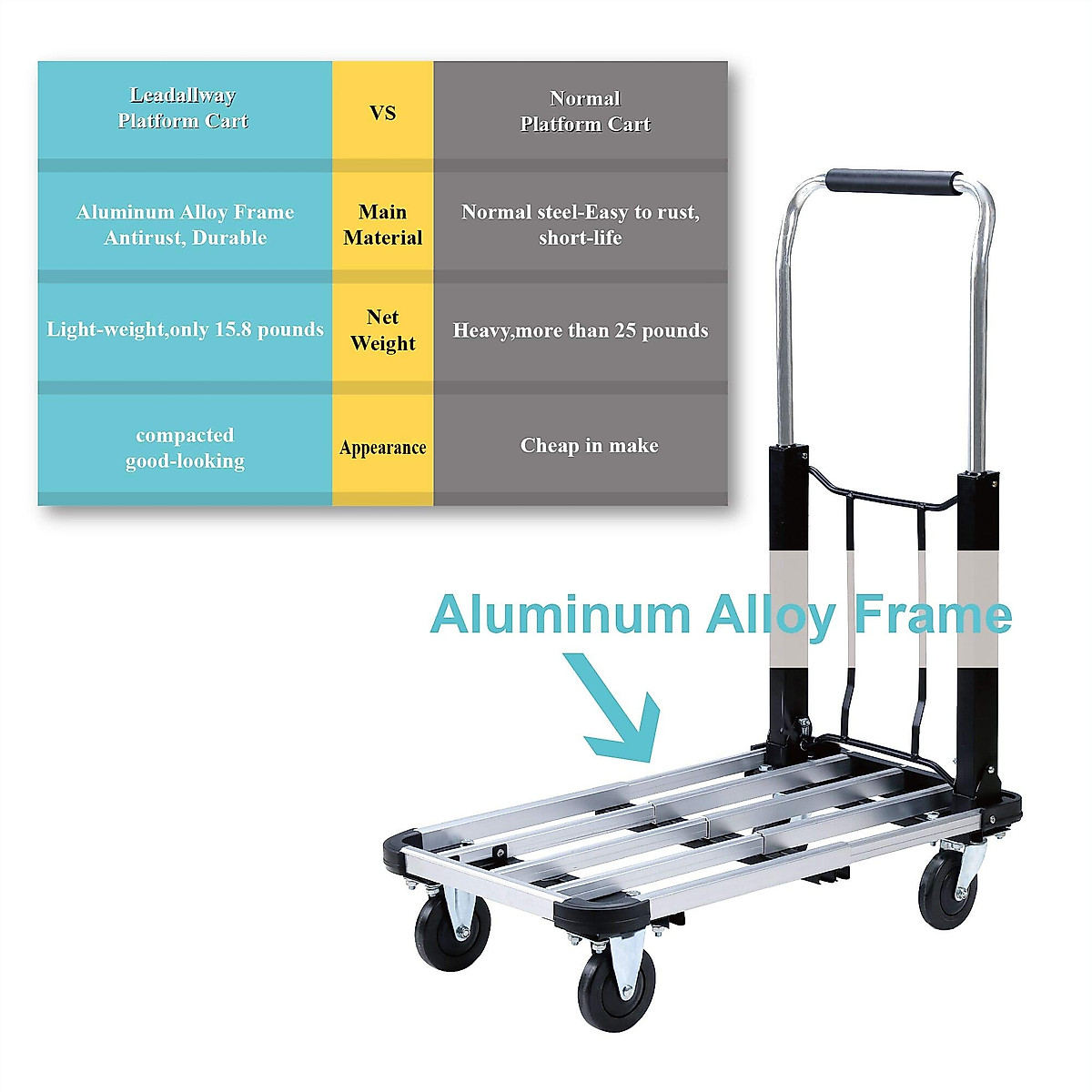 LEADALLWAY Foldable Push Cart Aluminum Alloy Platform Cart with 4-Wheel,Adjustable Length,330-LB Capacity(with 2 Ropes)