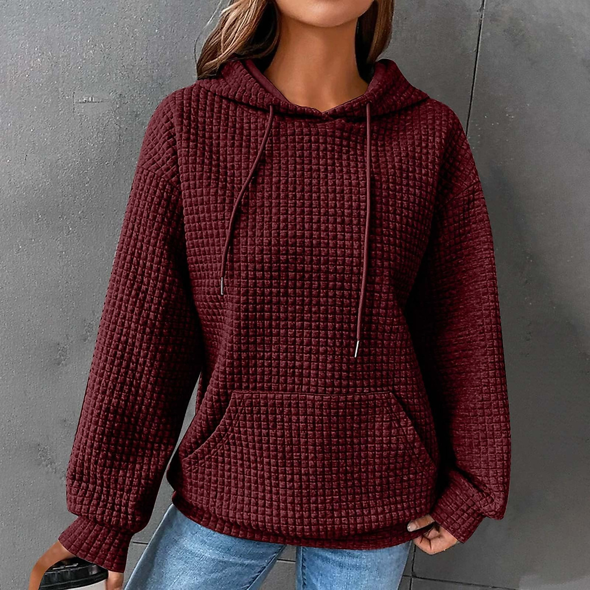 Dlongni Waffle Hoodies for Women Cute Drop Shoulder Knit Oversized Sweatshirt with Pocket Long Sleeve Drawstring Hooded Pullover
