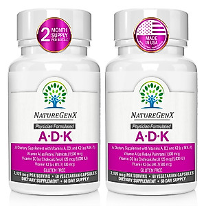 NatureGenX ADK Vitamin Supplement - Enhanced Bone Health with High Potency Vitamins A, D3, K2, Gluten-Free, 60 Capsules (Pack of 2)