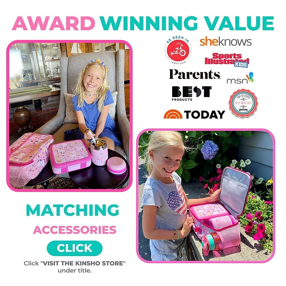 kinsho Bento Lunch Box with Insulated Bag and Water Bottle Set for Kids Toddlers, 4 Portion Sections, Removable Tray, Pre-School Girl Toddler Daycare Lunches, Snack Container, Pink Unicorn