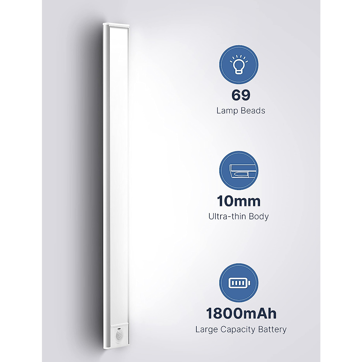 Wakodir 69 LED Under Cabinet Lighting, Motion Sensor Cabinet Light with 1800 mAh Battery, Wireless Rechargeable Night Light for Closet, Hallway, Stairs Cabinet, Kitchen, Wardrobe, Cupboard - 2 Pack