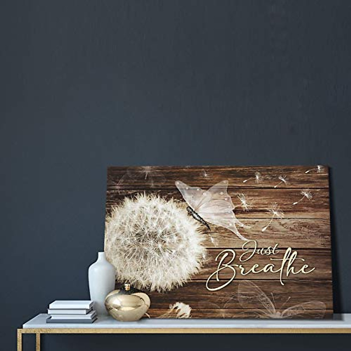 HANKCLES Rustic Wall Art Just Breathe Dandelion pictures wall decor White Flower Floral wall decor Painting Canvas Wall Art- Just Breath For Bathroom pictures wall Decor Bedroom Living Room Framed Ready To Hang 16x24 Inch