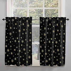 Gold Snowflakes Kitchen Curtain Tier Curtains 45 Inch Long 2 Panels Set, Rod Pocket Window Curtain Drapes Cafe Window Treatments for Living Room Bedroom Seasonal Winter Christmas Black Backdrop