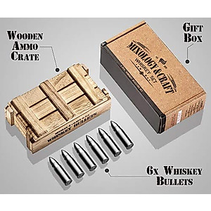 Whiskey Stone Bullets Gift Set - Stainless Steel Bullet shaped Whiskey Stones in a Wooden Army Crate | Reusable Bullet Ice Cube for Whiskey | Whiskey Gift Set for Men, Dad, Husband, Boyfriend (Silver)