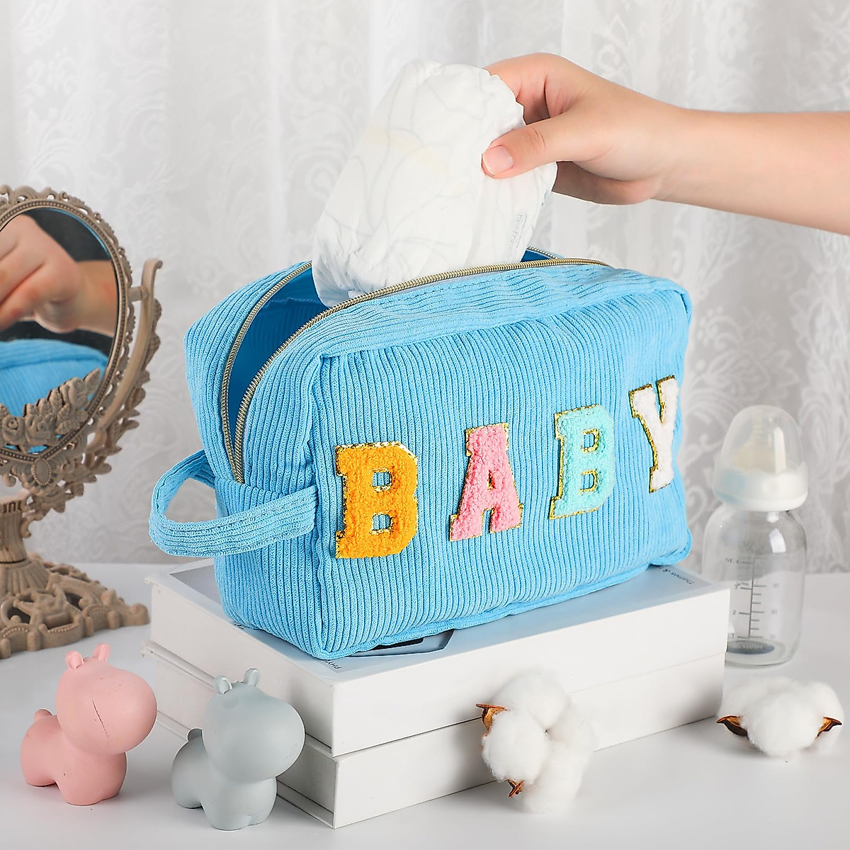 Pinkunn 4 Pcs Preppy Corduroy Makeup Bags Christmas Gift Chenille Patch Cosmetic Bag Mama Stuff Pouch Portable Stuff Travel Zipper Pouch Small Organizer Makeup Bag Set for Women