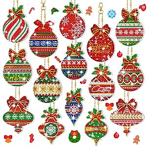 BBTO 15 Christmas Diamond Painted Keychains Art Ornaments 5D DIY Red Christmas Ball Patterns for Children's DIY Crafts