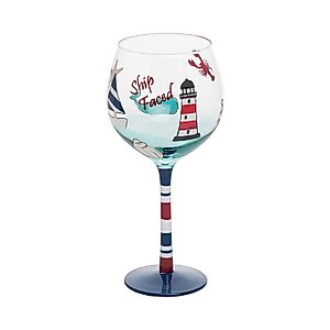 Beachcombers B22351 Lighthouse Harbor Painted Wine Glass, 8.7-inch High