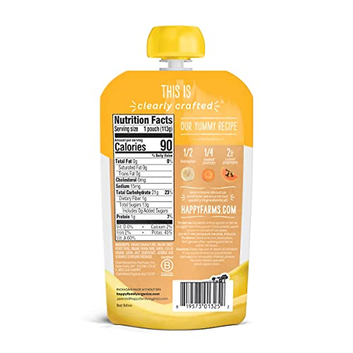 Happy Baby Organics Stage 2 Baby Food Pouches, Gluten Free, Vegan & Healthy Snack, Clearly Crafted Fruit & Veggie Puree, Bananas, Sweet Potatoes & Papayas, 4 Ounces (Pack of 16)