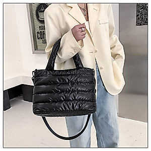 UMRFNO Puffer Tote Bag, Quilted Tote Bag for Women Luxury Shoulder Bag Down Winter Handbag Top Handle Bag Pillow Bag (Black)