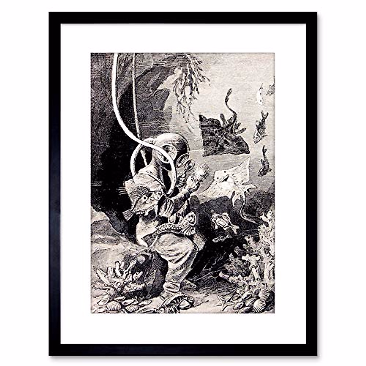 9x7 '' BOOK DEEP SEA DIVER FISH DIVING SUIT RAY FIS FRAMED ART PRINT F97X657