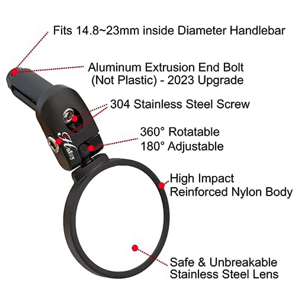 Hafny Bar End Bike / Bicycle Mirror, Stainless Steel Lens , Safe Adjustable Rearview Cycle / E-bike Mirror, HF-MR083 (Black 62mm)