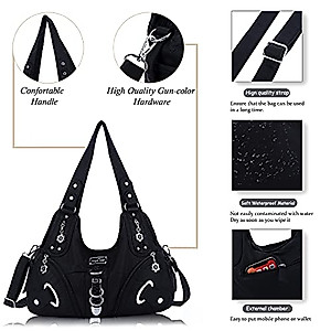 Angelkiss Women Multiple Pockets Purses and Handbags Washed Leather, Two Top Zippers Closure, Black