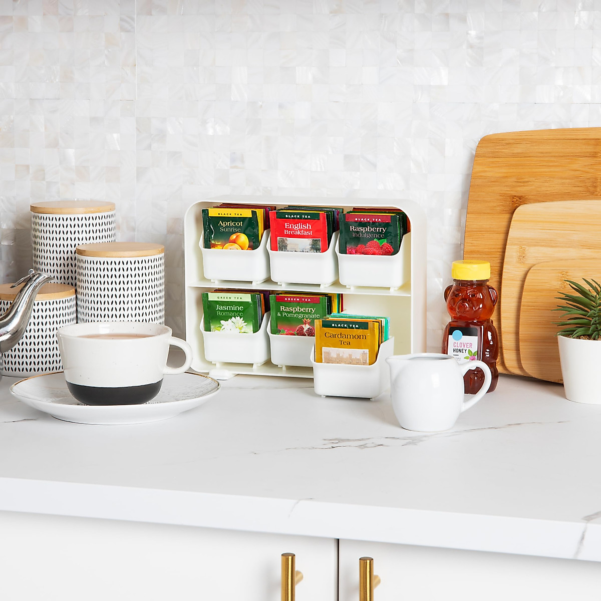 Mind Reader Tea Bag Organizer, Tea Station Organizer, Countertop Storage, Kitchen, Plastic, 10.25"L x 3.25"W x 7.75"H, White
