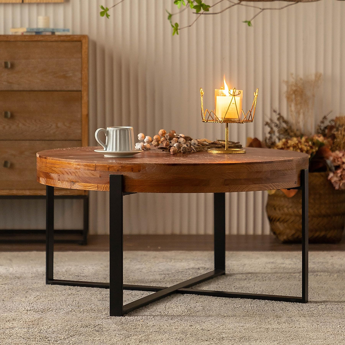 SSLine Antique Round Wood Coffee Table Farmhouse Cocktail Center Table for Living Room Thicken Fir Wood Table Top with Cross Metal Base(Natural&Black - 33.86" D x 17.71" H)