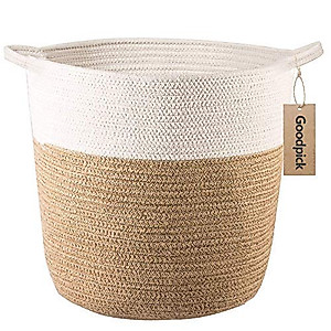 Goodpick Cotton Rope Storage Basket, Woven Round Basket with Handles for Toys, Blanket, Shoes, Large Jute Wicker Plant Basket for Living Room, Entryway, 16.0 x15.0 x12.6 inches