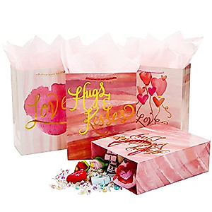 JOYIN 8 PCS Valentine’s Day Gift Bags with Tissue Paper, Large 10 X 12.8 X 4.4 inch with 4 Red Themed Designs for Kids Party Favor, Classroom Exchange Prizes, Present Wrapping