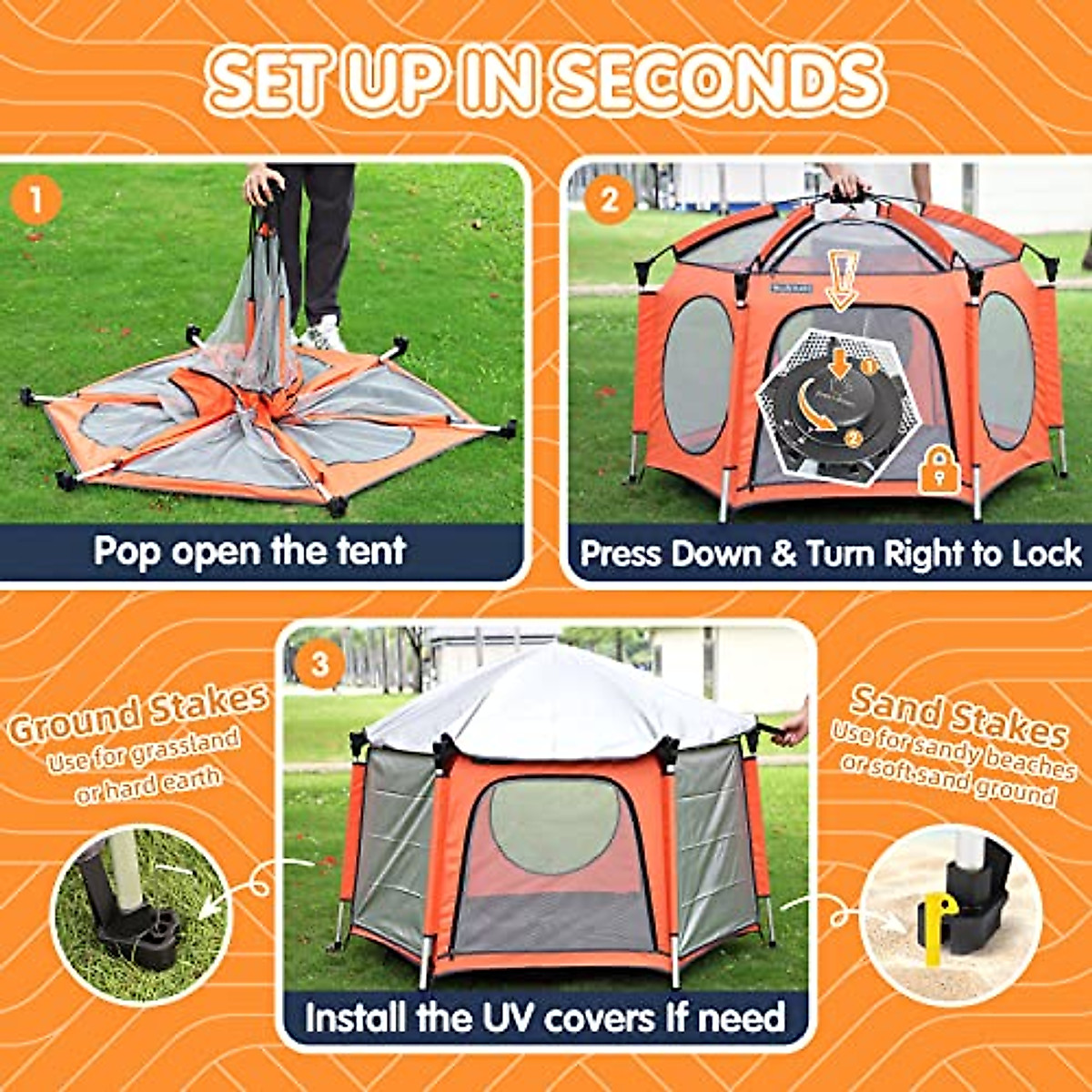 Baby Playpen, BIUSIKAN Premium Portable Baby Beach Tent, Lightweight Pop Up Pack and Play Baby Play Yard with Canopy and Travel Bag, Toddler Playpen for Indoor/Outdoor use - Orange