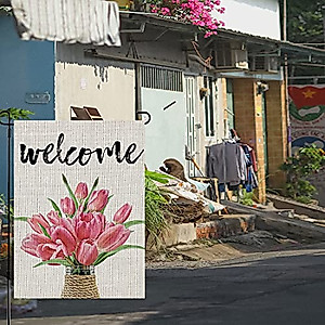 Spring Easter Tulips Garden Flag 12 x 18 Inch Vertical Double Sided Burlap Mothers day Flower Seasonal Farmhouse Yard Outdoor Decoration