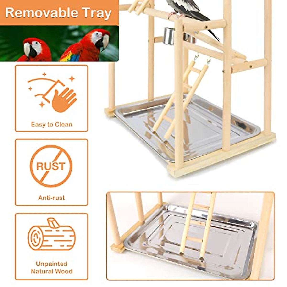 Large Bird Playground Parrot Perch Bird Stands 3 Layers Parrot Playstand Gym Playstand Wood Playpen for Parakeet Lovebirds Conure Cockatiel Cockatoos with Feeder Cups (3 Layers)