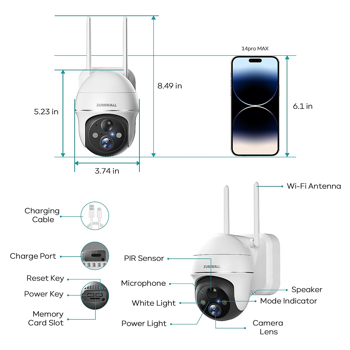 2K Security Camera Outdoor Wireless WiFi with 360° PTZ, ZUMIMALL Battery Powered Wireless Cameras for Home Surveillance, Spotlight & Siren/PIR Detection/3MP Color Night Vision/2-Way Talk/IP66/Cloud/SD