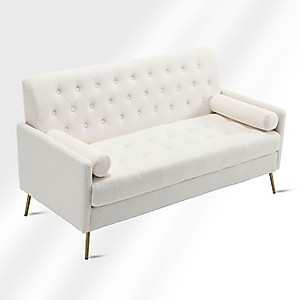 ZH4YOU 60" W Loveseat Sofa, Modern Sherpa Couch with Arms and 2 Throw Pillows, Fluffy Button Tufted Love Seat for Living Room, 2-Seater Comfy Small Couch for Bedroom Living Room, White