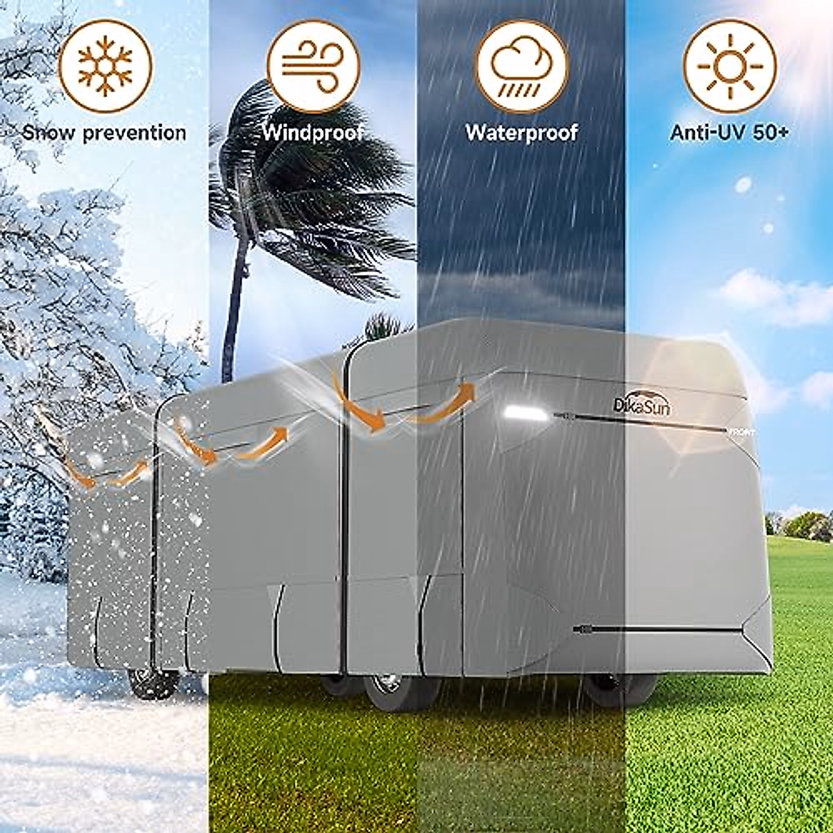 DikaSun RV Cover Class A 2022 Upgraded 6 Layers Heavy Duty Anti-UV Waterproof Windproof Breathable Class A Motorhome Camper Cover for 34-37ft with 2Pcs Extra Straps & 6 Gutter Covers