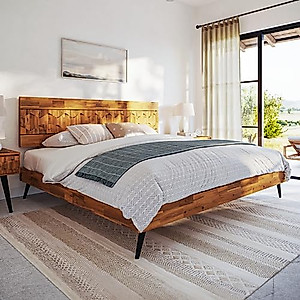 Bme Georgina King Bed Frame and Headboard, Handcrafted Geometric Pattern Solid Wood, No Box Spring Needed, 12 Strong Wood Slats Support, Easy Assembly, Teak Brown + Large Rectangle Wicker Baskets