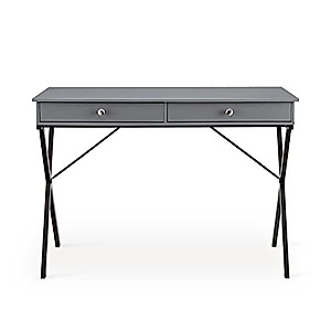 HomSof Frost Grey Finish 2 Drawers Writing Desk with Black Stoving Varnsih Steel Frame，MDF Table Top, Gray,42"
