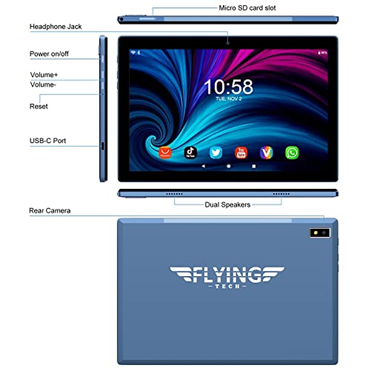 Tablets 10 Inch Android Tablet, 5G WiFi Tablet Octa-Core Processor, 4GB RAM 64GB ROM, Expandable to 128GB Storage, 13.0 MP Rear Camera, IPS HD Touchscreen Display, 6000mAh Battery, Bluetooth (Blue)