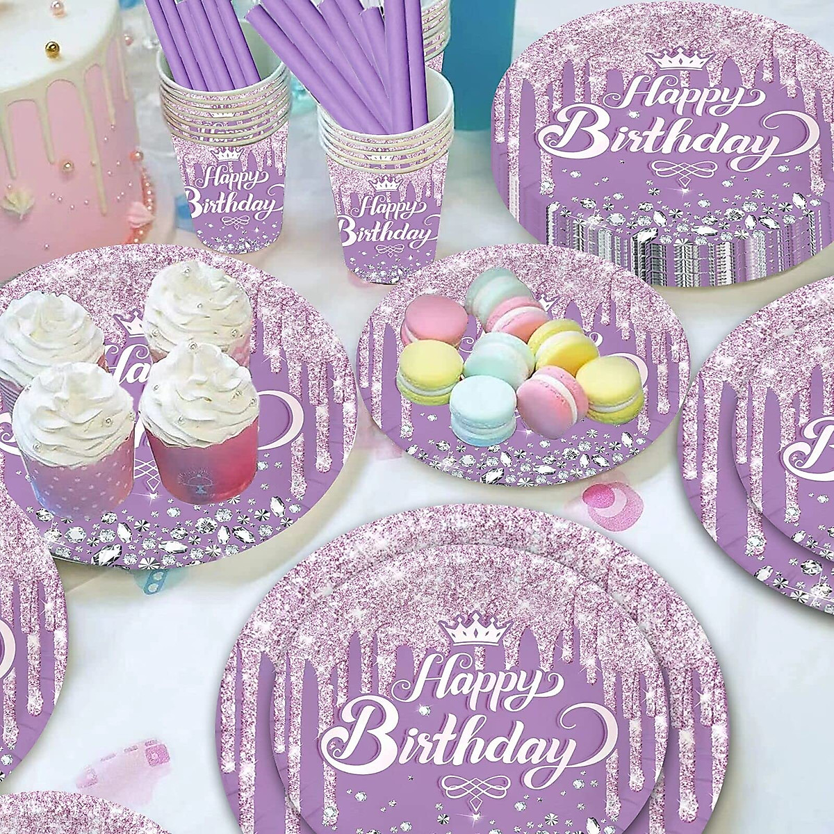 DISRUB Purple Birthday Party Supplies, Complete Pack Purple Party Tableware Including Purple Birthday Plates, Cups, Napkins Straws Serves 10 for Birthday, Baby Shower, Party Decorations