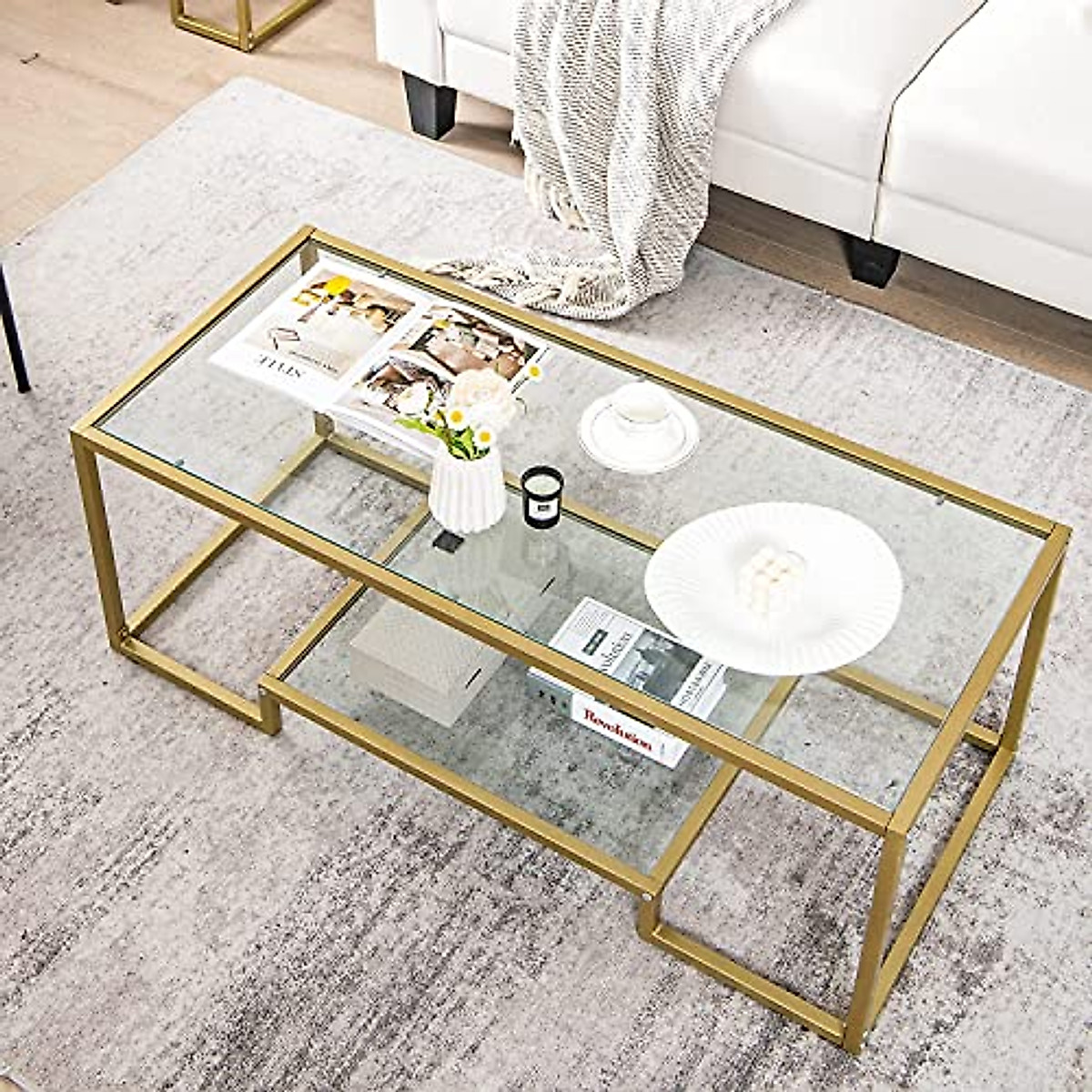 NAFORT Tempered Glass Coffee Table, 45 Inch Gold Rectangular Modern Center Table with Lower Storage Shelf, Sturdy Metal Frame, for Living Room Home Office/Gold