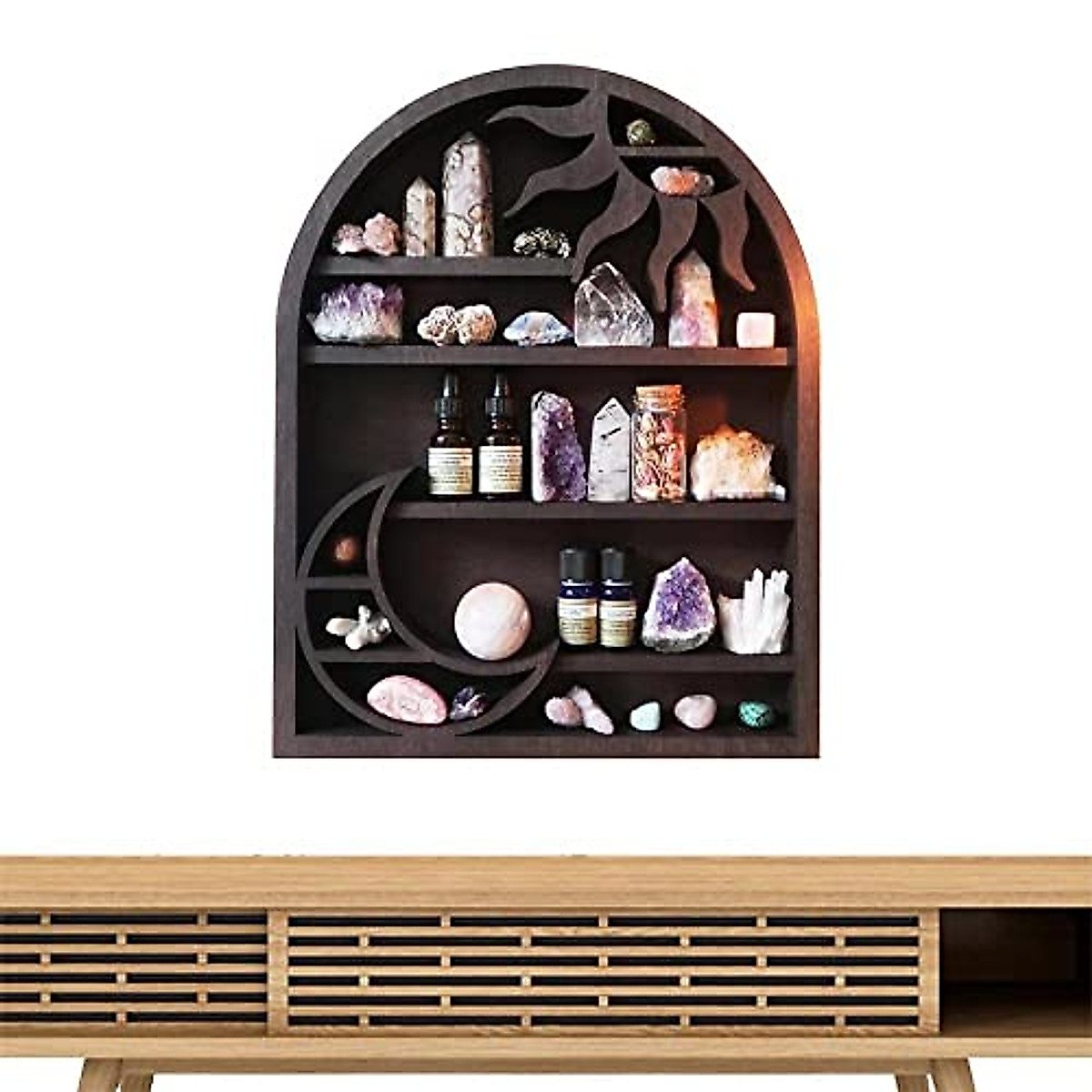 Crystal Shelf Display Crescent Moon Rack Witchy Crystal Holder for Stones Essential Oils Essentials Shelves Wall Decor Rustic Wooden Display Boho Meditation Home Decor (Model1-House)