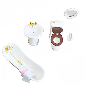 SUCCUNA Dollhouse Accessories Bathroom Set 1 12 Scale Dollhouse Furniture Miniatures Toys Mini Ceramic Toilet Washbasin Mirror Bathtub with 3 Towels for Dollhouse Restroom Decoration