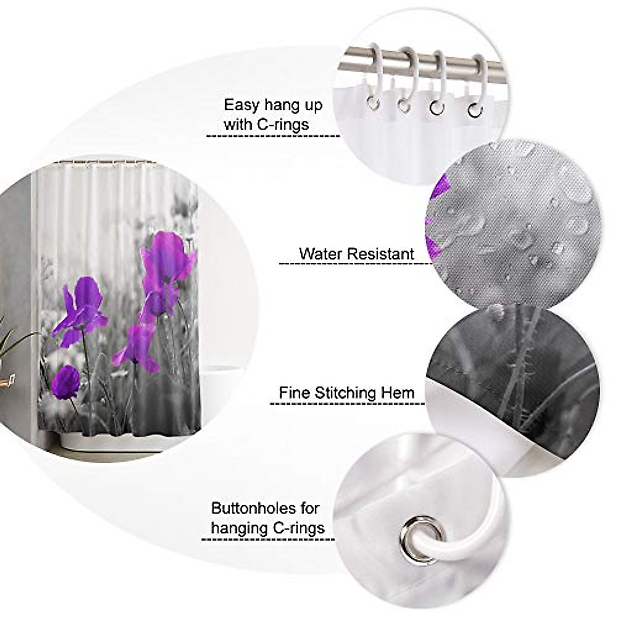 4 Pieces Bathroom Shower Curtain with Mats Set Purple Poppy Floral Grey Botanical Back,Non-slip Bath Rugs Toilet Lid Cover and U-shaped Carpet,Elegant Flower Watercolor Doormats Waterproof Curtains