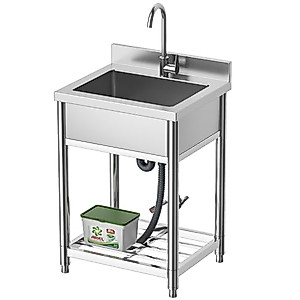 Stainless Steel Utility Sink, Free Standing Single Bowl Kitchen Sink with Cold and Hot Water Faucet, Commercial Sink for Restaurant Bar Cafe and Hotel, Indoor and Outdoor Sink, 21.7 in