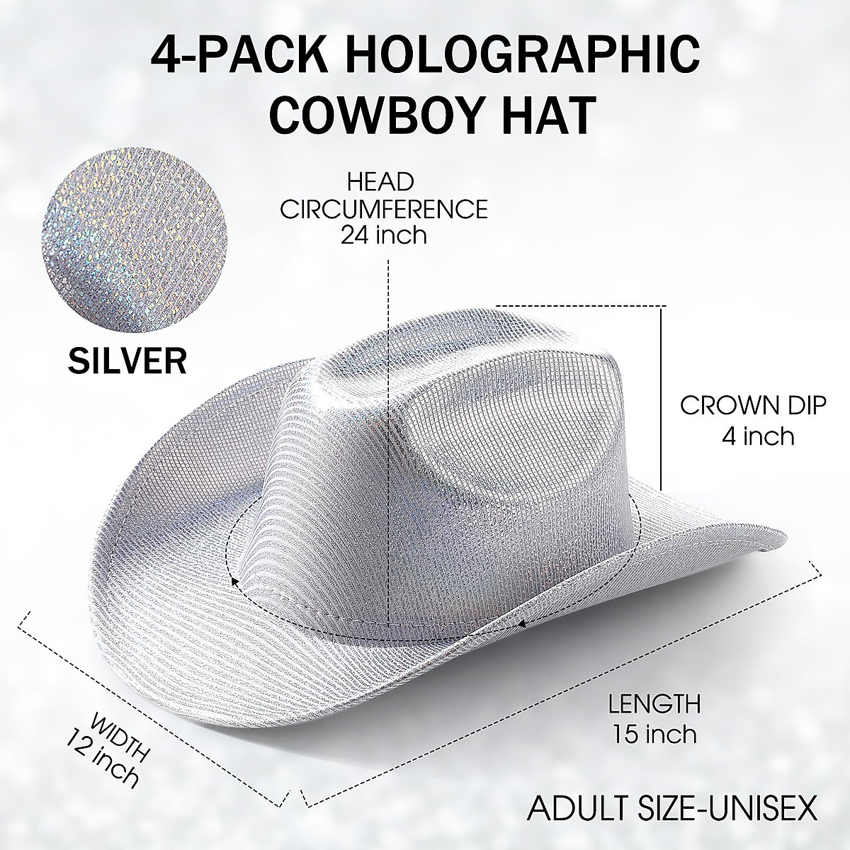 Silicherry 4 Pcs Halloween Cowgirl Hat Sequin Bling Cowboy Hats DIY Shiny Disco Western Hats for Women Men Cosplay Party(Silver)