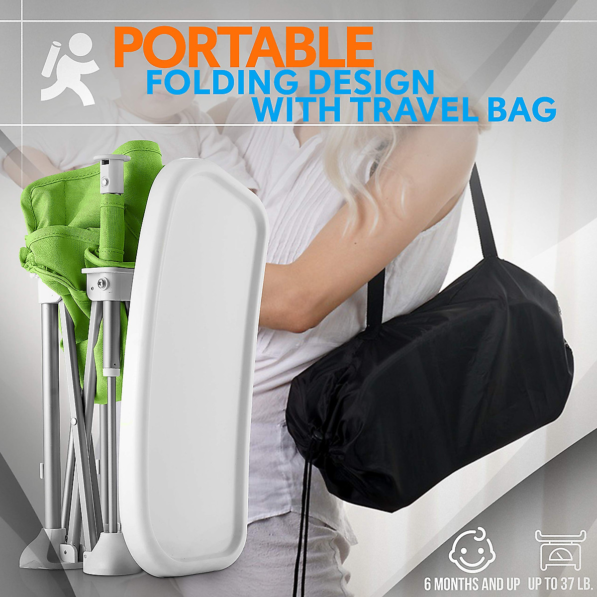 Serene Life Baby Seat Booster -Space Saver Toddler Booster Seat - Portable Pop and Open Sit Folding Booster Feeding Chair - Safety Belt/Food Tray/Travel Bag - SereneLife SLBS66G