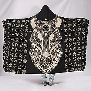 Festhad Norse Viking Fenrir Wolf Valknut Dragon Knot Totem Print Hooded Blankets Cozy Cuddly Warm Winter Fleece Hood Poncho Cloak Cape for Women Men Child Snuggling Sofa Bedding White 60x80 inch