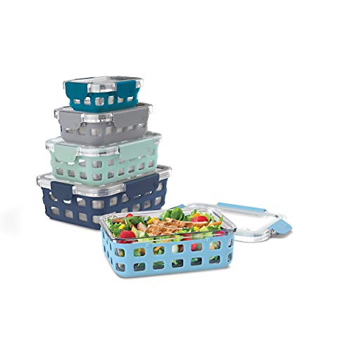 Ello Duraglass Glass Food Storage Mixed Set - Glass Food Storage Bowls with Silicone Sleeve and Airtight Durable Tritan Lids, 10 Piece 5 Pack, Blue La La