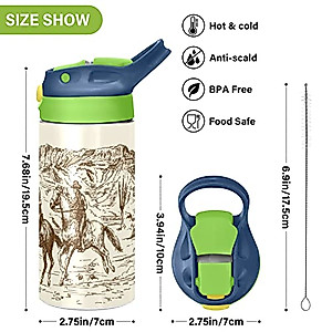 xigua West Cow Boy Kids Water Bottle,Vacuum Insulated Bottles with Straw Lid,Leakproof Stainless Steel Thermos Bottles for Girls and Boys