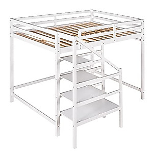 Harper & Bright Designs Full Size Loft Bed with Stairs and Hanging Rod, Wooden Full Loft Bed Frame with Storage Shelf, High Loft Beds for Kids Boys Girls Teens Dorm Bedroom (Full, White)