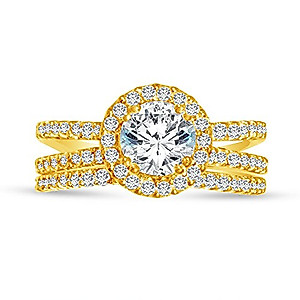 Size - 7-14k Yellow Gold Cross Over Bridal Halo Large Bridal Engagement & Wedding Ring CZ Cubic Zirconia (2.0cttw., 1.0ct. Center)