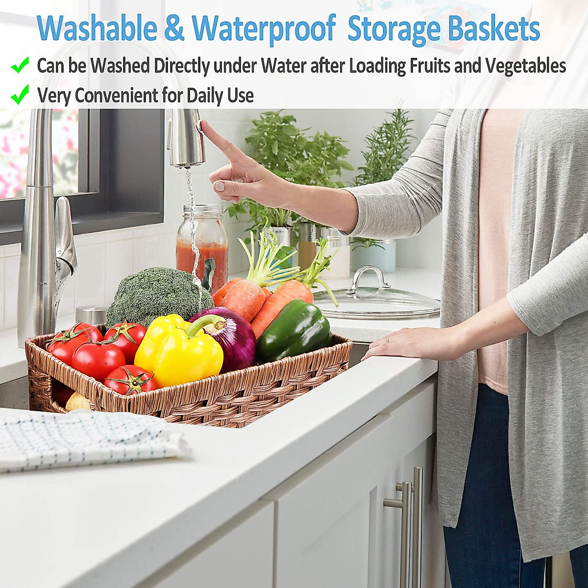 ROSOS Wicker Baskets 2 Pack, Rectangular Wicker Storage Basket with Handles, Waterproof Plastic Large Wicker Baskets for Storage, Nesting Hand-Woven Storage Baskets for Pantry Storage